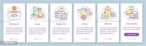 선형 개념으로 모바일 앱 페이지 화면을 온보딩하는 마케팅 채널 고객 유치 방법 연습 단계 그래픽 지침입니다 Ux Ui 그림이