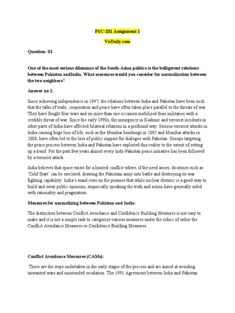 Psc201 Assignment 1 Solution Pdf India Pakistan Relations Idealism
