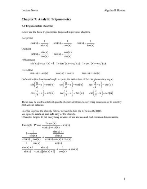 Chapter 7 Analytic Trigonometry