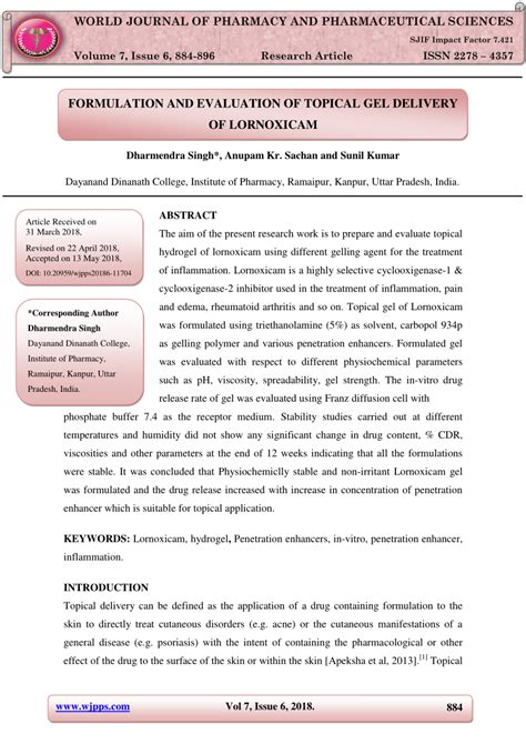 Pdf Formulation And Evaluation Of Topical Gel Delivery Of Lornoxicam