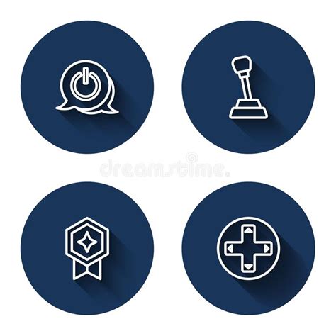 Set Line Power Button Gear Shifter Game Rating With Medal And Controller Or Joystick With Long
