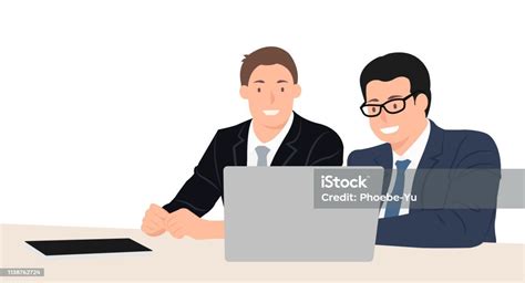 만화 사람들 문자 디자인 사업가 논의 하 고 사무실에서 노트북을 Wtaching 사무실에 대한 스톡 벡터 아트 및 기타 이미지