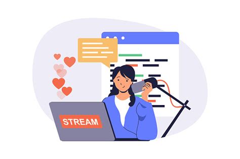 웹 사이트 디자인을위한 평면 만화 사람들과 비디오 스트리밍 웹 개념 마이크에 대고 말하고 라이브 방송을 하고 뉴스와 팔로워