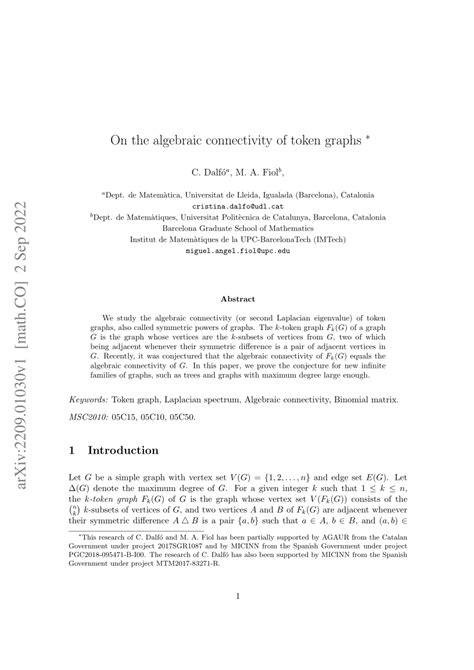 Pdf On The Algebraic Connectivity Of Token Graphs