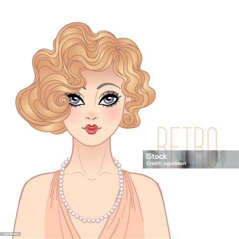 플래퍼 소녀의 아르 데코 빈티지 일러스트 1920 년대 스타일의 복고풍 파티 캐릭터 매력적인 이벤트 또는 재즈 파티를위한 벡터 디자인 1920 1929 년에 대한 스톡 벡터