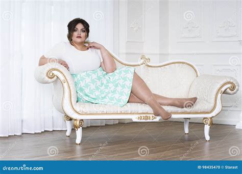 Plus Size Fashion Model Fat Woman On Luxury Interior Overweight