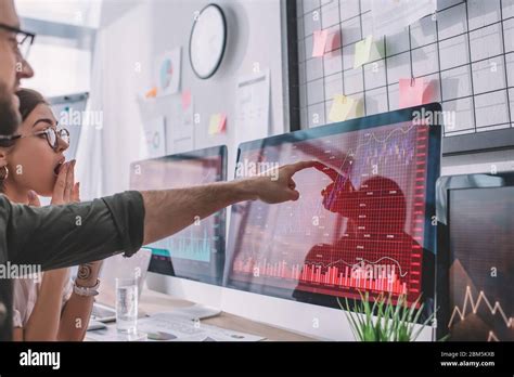 Selective Focus Of Data Analyst Pointing On Charts On Computer Monitor