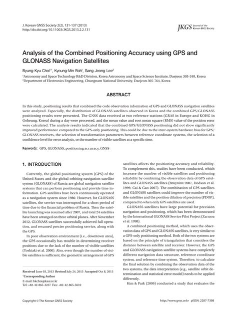 Pdf Analysis Of The Combined Positioning Accuracy Using Gps And Glonass Navigation Satellites