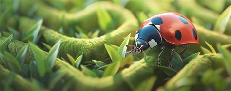 Ladybug Crawling On Green Grass Premium Ai Generated Image