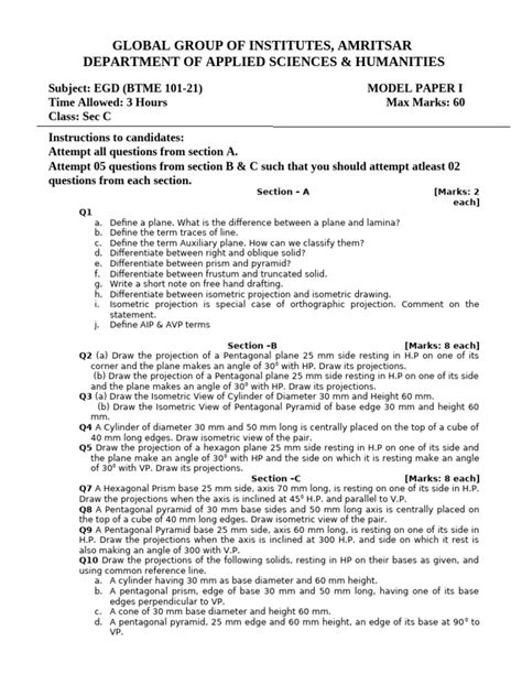 Egd Model Paper I Pdf Elementary Geometry Geometric Objects