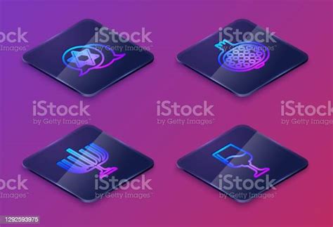 데이비드 하누카 메노라 석류 유대인 잔의 이소메트릭 라인 스타를 설정합니다 파란색 정사각형 버튼 벡터 0명에 대한 스톡 벡터