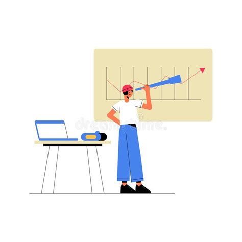 Male Analyst Observing Growth Chart With Telescope In Flat Vector