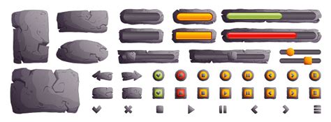 게임 Ui용 돌 버튼과 보드 흰색 배경에 격리된 Gui 요소 벡터 만화 세트 회색 돌 배너 메뉴 버튼 및 모바일 게임에 대 한