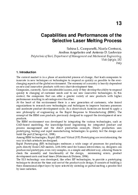 Pdf Capabilities And Performances Of The Selective Laser Melting Process