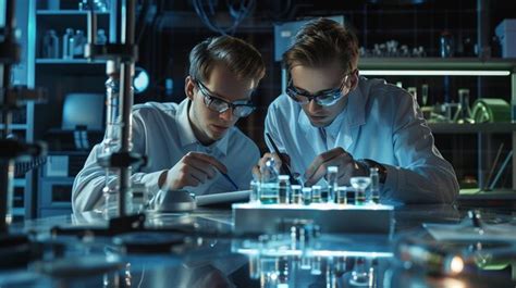 Photo Of Two Young Scientist Testing Substances Sample Scientific Research Premium Ai
