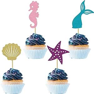 Amazon.com: UXYOKM 24Pcs Mermaid Cupcake Toppers Shell Seahorse Starfish Mermaid Tail Cupcake ...