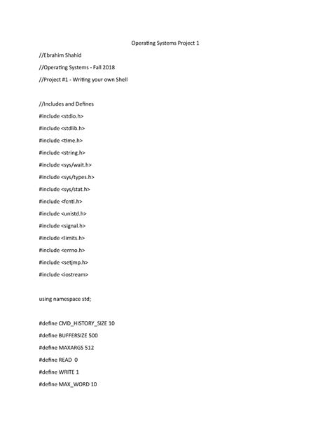 Project 1 Code In C Operating Systems Project 1 Ebrahim Shahid Operating Systems Fall