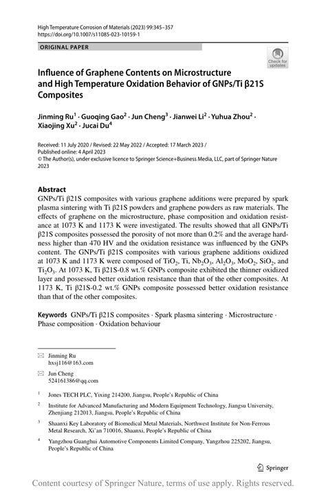 Influence Of Graphene Contents On Microstructure And High Temperature Oxidation Behavior Of Gnps