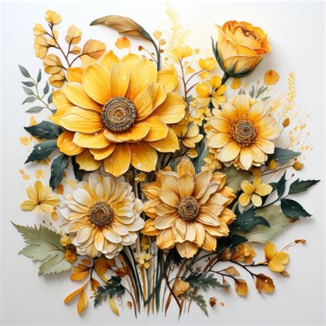 Sunflower Watercolor Painting With White Sensation Flowers Stock
