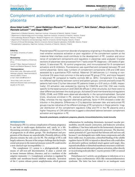 Pdf Complement Activation And Regulation In Preeclamptic Placenta