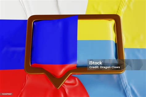 러시아와 우크라이나의 국기를 감싸는 황금 연설 거품 기호 이 2 개국 간의 대화와 협상의 개념에 대한 예시 0명에 대한 스톡 사진 및 기타 이미지 Istock