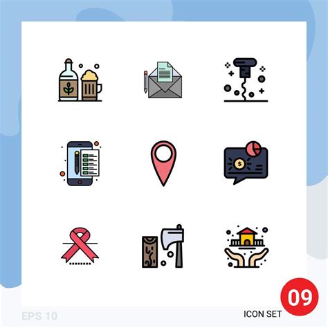 Set Of 9 Vector Filledline Flat Colors On Grid For Guitar Stamp Bottle Payment Archive Editable