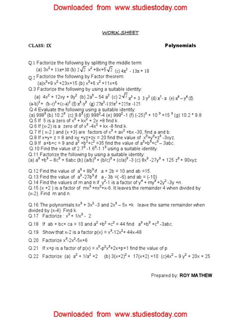 Cbse Class 9 Mathematics Worksheet Polynomials 1 Pdf Teaching
