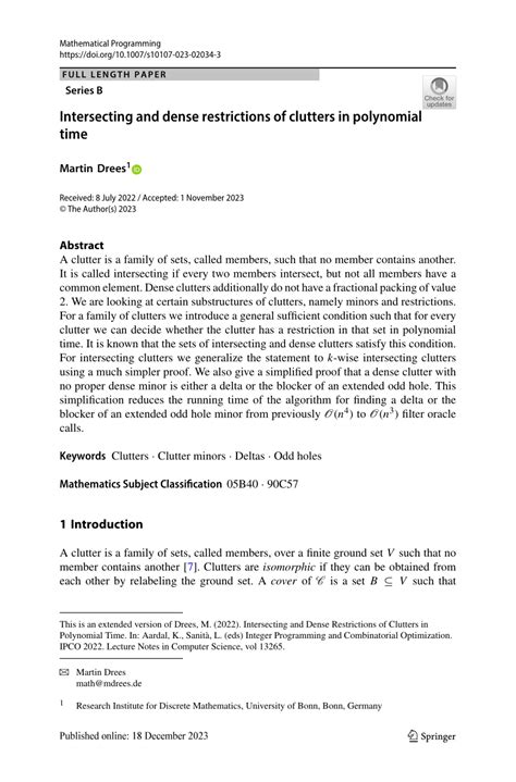 Pdf Intersecting And Dense Restrictions Of Clutters In Polynomial Time
