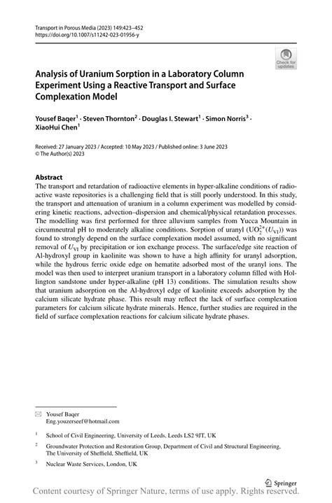 Pdf Analysis Of Uranium Sorption In A Laboratory Column Experiment Using A Reactive Transport