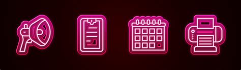 라인 메가폰 체크리스트가 있는 클립보드 캘린더 및 프린터를 설정합니다 빛나는 네온 아이콘입니다 벡터 그래픽 프린트에 대한 스톡 벡터 아트 및 기타 이미지 Istock