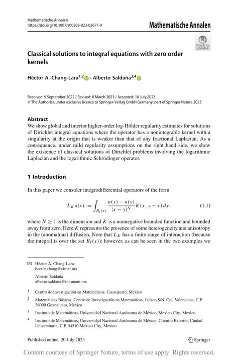Classical Solutions To Integral Equations With Zero Order Kernels