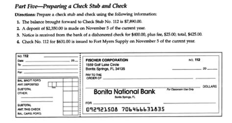GET ANSWER Part Five Preparing A Check Stub And Check Directions Prepare A Check Stub And