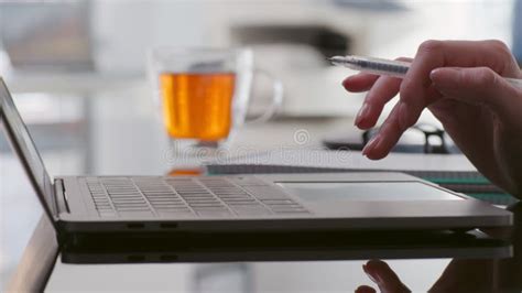 Close Up Of Female Hand With Pen Scrolling Touchpad On Laptop Stock