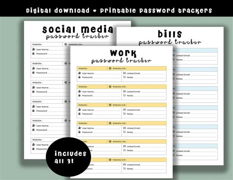 Printable Password Tracker Social Media Password Log Bills Password Tracker Work Password
