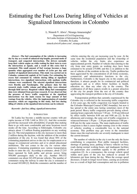 Pdf Estimating The Fuel Loss During Idling Ofvehicles At Signalized Intersections In Colombo