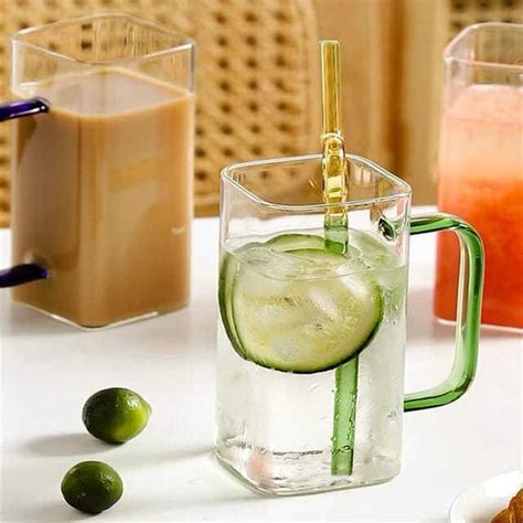 Nordic Ins Style Clear Rectangle Drinking Glasses With Colorful Handle