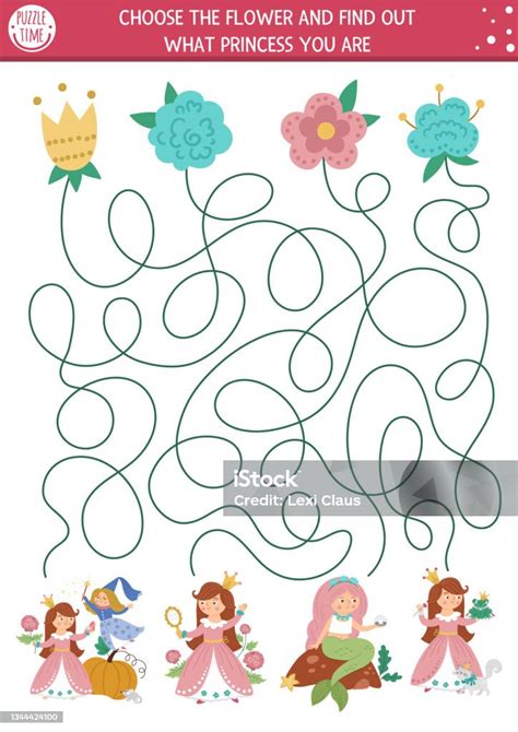 귀여운 공주와 꽃을 가진 아이들을위한 동화 미로 신데렐라 슬리핑 뷰티 인어와 매직 킹덤 유치원 인쇄 활동 동화 미로 게임 또는 퍼즐 공주에 대한 스톡 벡터 아트 및 기타