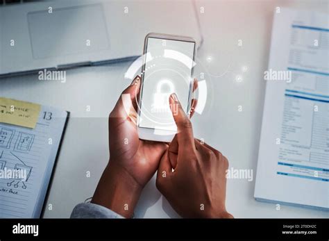 Hand Lock Hologram And Cyber Security With Phone Pin And Mobile App With Biometric At Desk