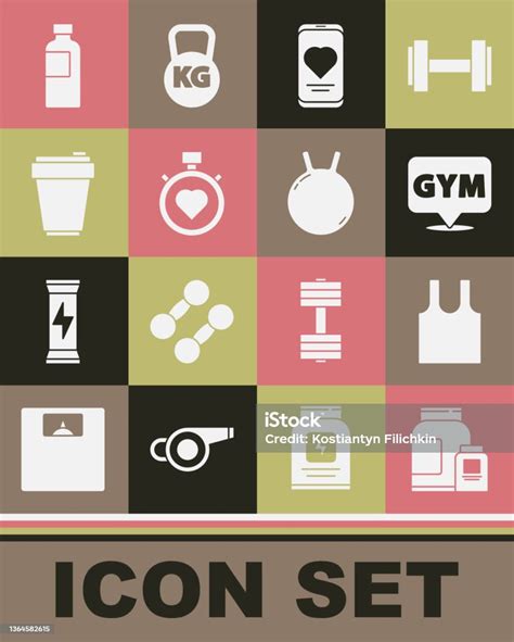 스포츠 영양 민소매 티셔츠 로케이션 체육관 심박수가 있는 모바일 센터 스톱워치의 하트 피트니스 셰이커 케틀벨 아이콘 세트 벡터