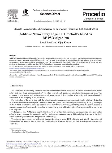 Pdf Artificial Neuro Fuzzy Logic Pid Controller Based On Bf Pso Algorithm