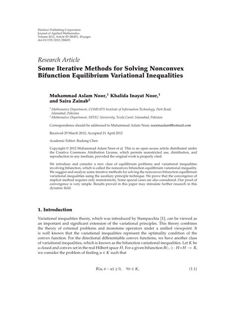 PDF Some Iterative Methods For Solving Nonconvex Bifunction Equilibrium Variational Inequalities