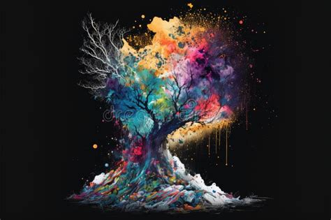 Abstract Art Of Double Exposure Multicolored Shading In Tree Stock