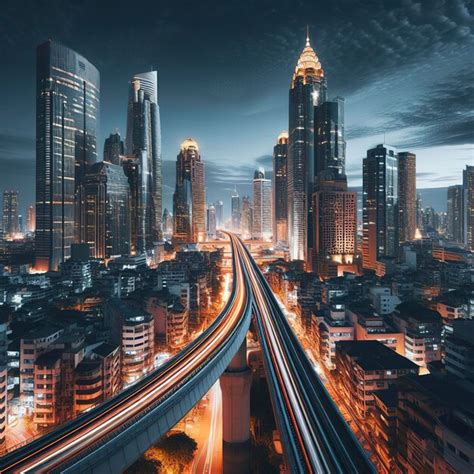 Premium Photo Sky Train Railway In Metropolis In Night Life Transportation Concept