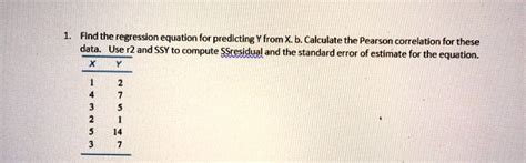 solved find the regression equation for predicting y from x calculate the pearson correlation