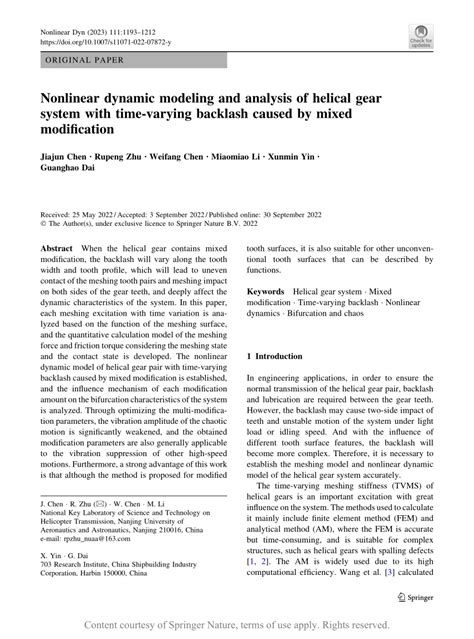 Nonlinear Dynamic Modeling And Analysis Of Helical Gear System With