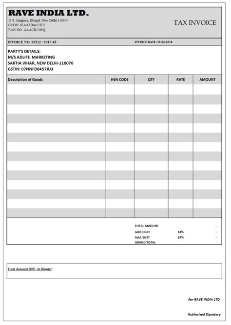 Gst Invoice Format In Excel Word Format No 29 Xls Doc File