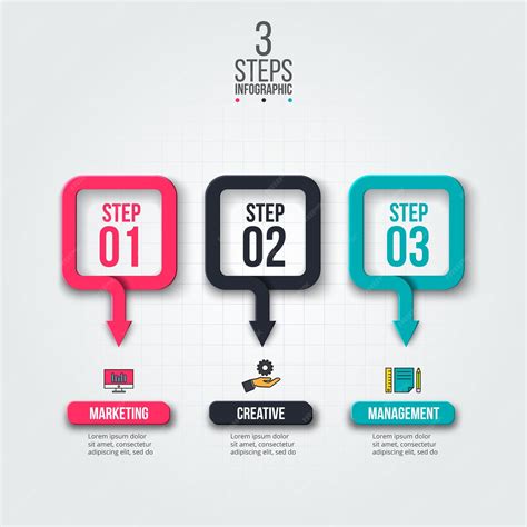 화살표가 있는 정사각형 다이어그램 인포그래픽 프레젠테이션을 위한 3단계 옵션 부품 또는 프로세스 프리미엄 벡터