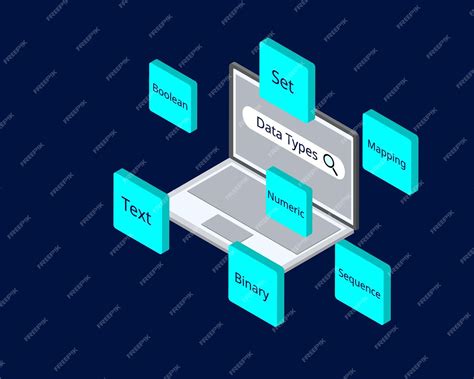 Типы данных в программировании на python с ноутбука Премиум векторы