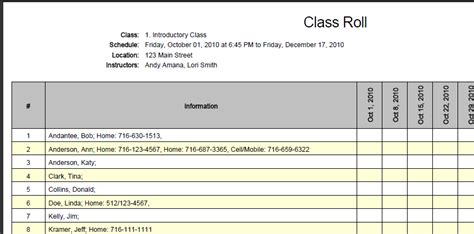 Studioware Help Center Class Roll Report
