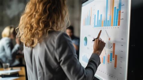 A Businesswoman Giving A Presentation Using A Large Interactive Screen With Graphs And Charts